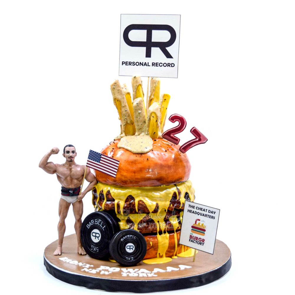 Burger cake with bodybuilder and weight lifts