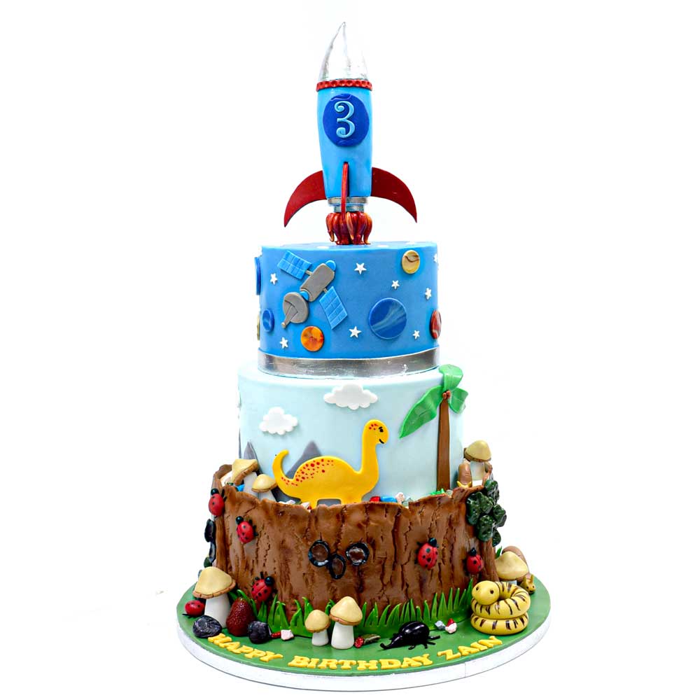Forest Dinosaurs and Space Rocket theme cake